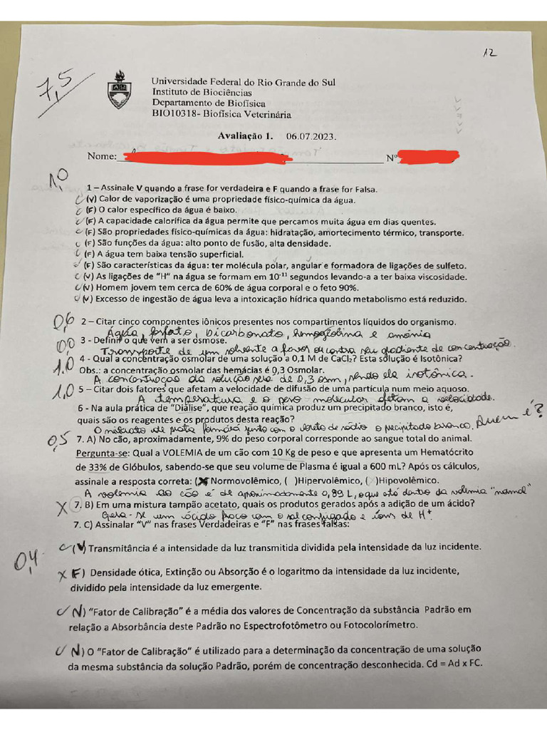 Prova 1 biofísica | PDF