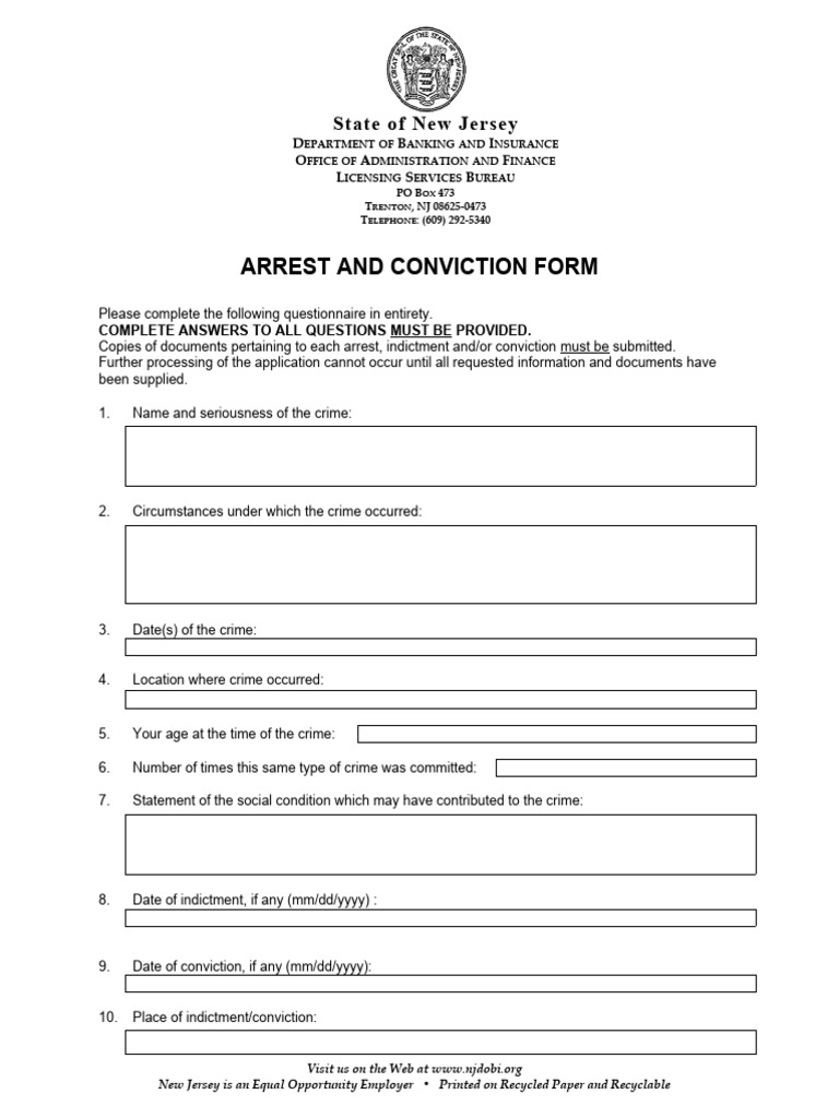 New Jersey Arrest and Conviction Form | PDF | Probation | Arrest