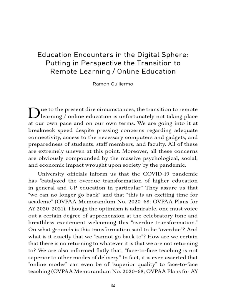 Education Encounters in the Digital Sphere Putting in Perspective the Transition to Remote ...