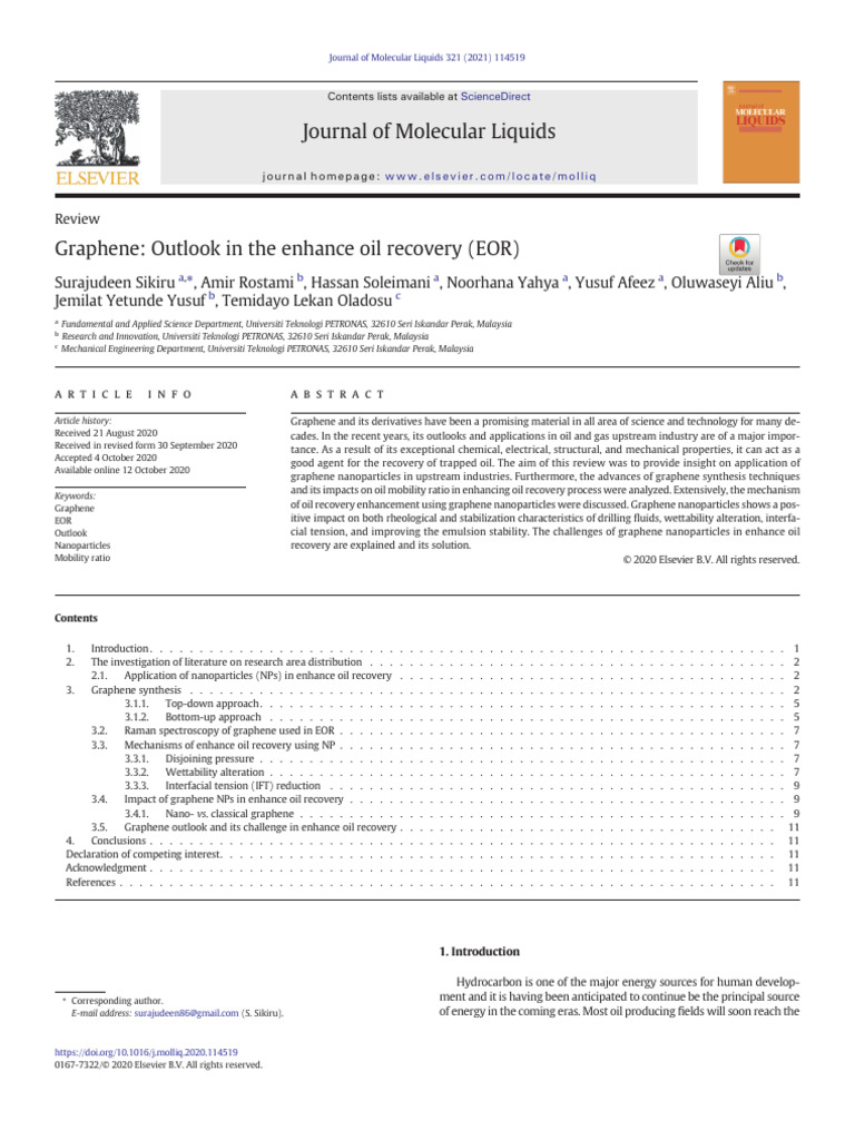 Graphene Outlook in The Enhance Oil Recovery - 2021 - Journal of Molecular Liq | PDF | Graphene ...