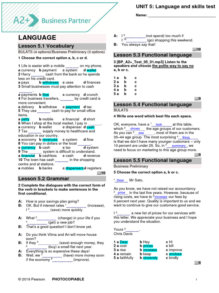 BP A2+ Tests Unit5 | PDF | Cash | Credit Card
