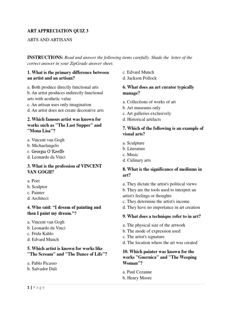 ARTAPP - Quiz 3 - Arts and Artisans | PDF | Paintings | Plastic Arts