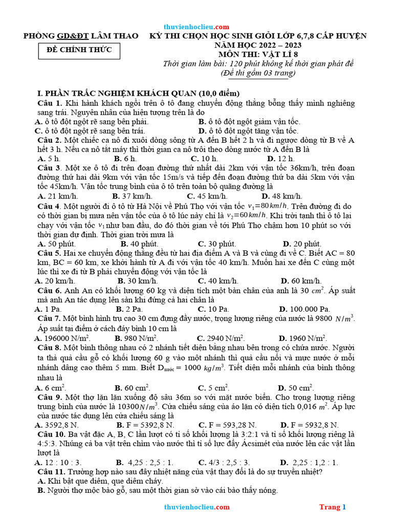 De Thi HSG Vat Li 8 Huyen Lam Thao 22 23 | PDF