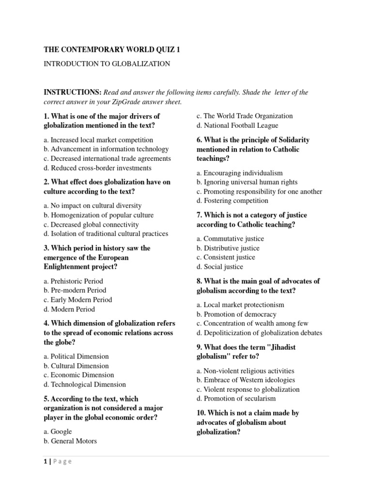 CONTEMPWORLD - Quiz 1 - Introduction To Globalization | PDF ...