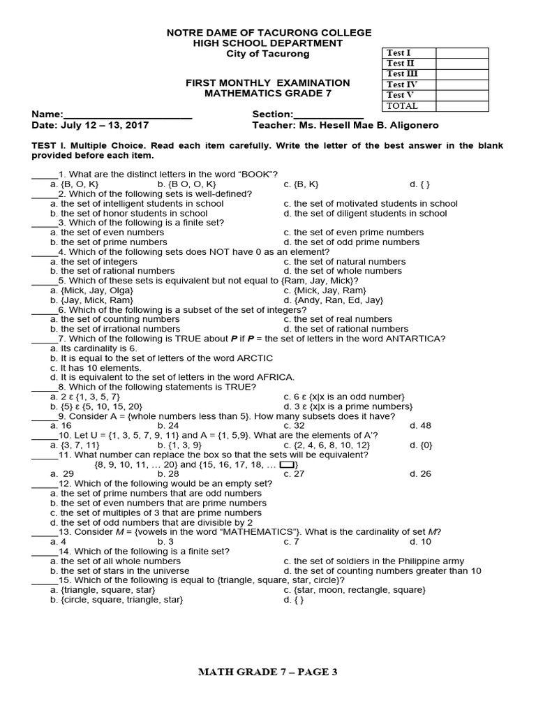 first-monthly-exam | PDF | Set (Mathematics) | Natural Number