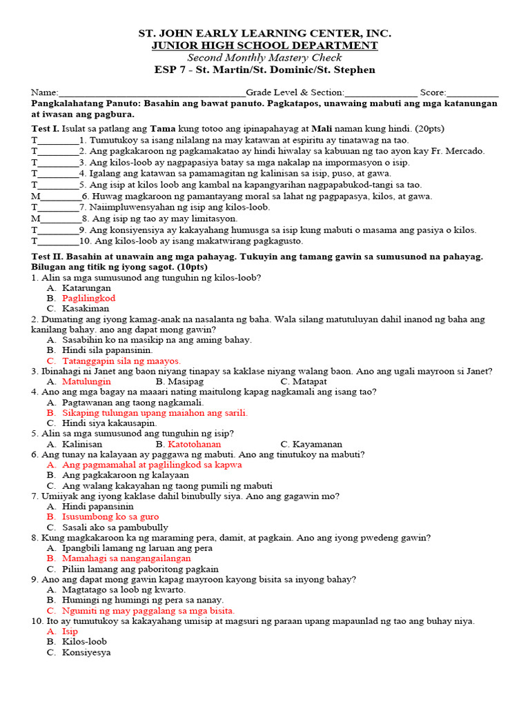 ESP 7 Second Monthly Mastery Check | PDF