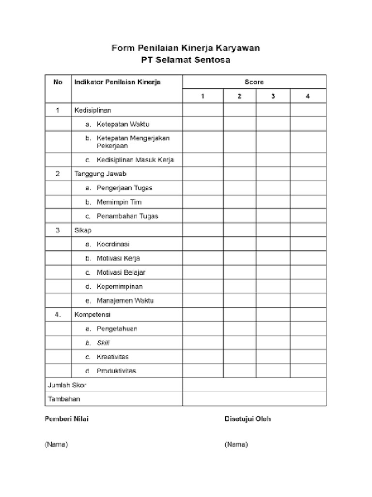 FORM EVALUASI KINERJA PT SENTOSA | PDF