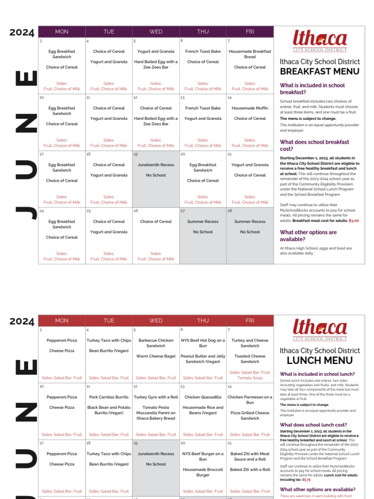 June 2024 Breakfast and Lunch Menus | PDF | Lunch | School Meal