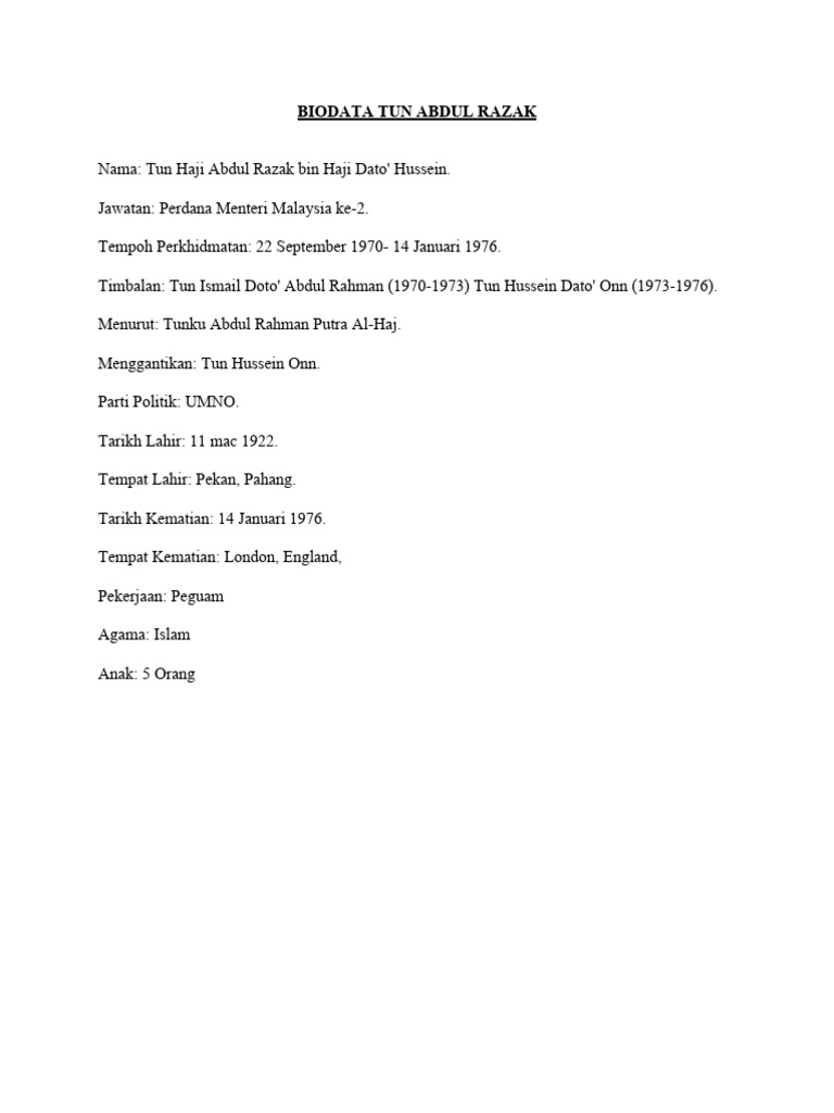 Biodata Tun Abdul Razak | PDF