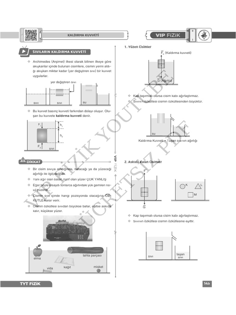 Sıvıların Kaldırma Kuvveti VİP FİZİK PDF | PDF