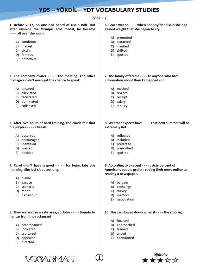 Vocabman Yds Yokdil Ydt Vocabulary Studies Test 1 | PDF