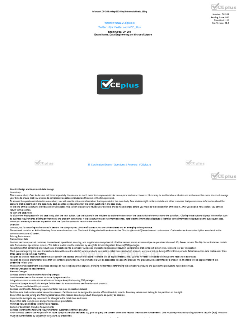 Microsof DP-203 Vmay-2024 by - ShinamotoHkato 139q | PDF | Database Transaction | Database Index