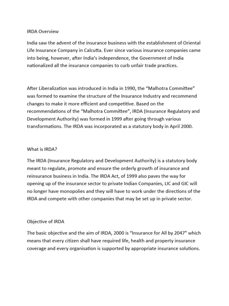IRDA Overview | PDF | Insurance | Financial Services