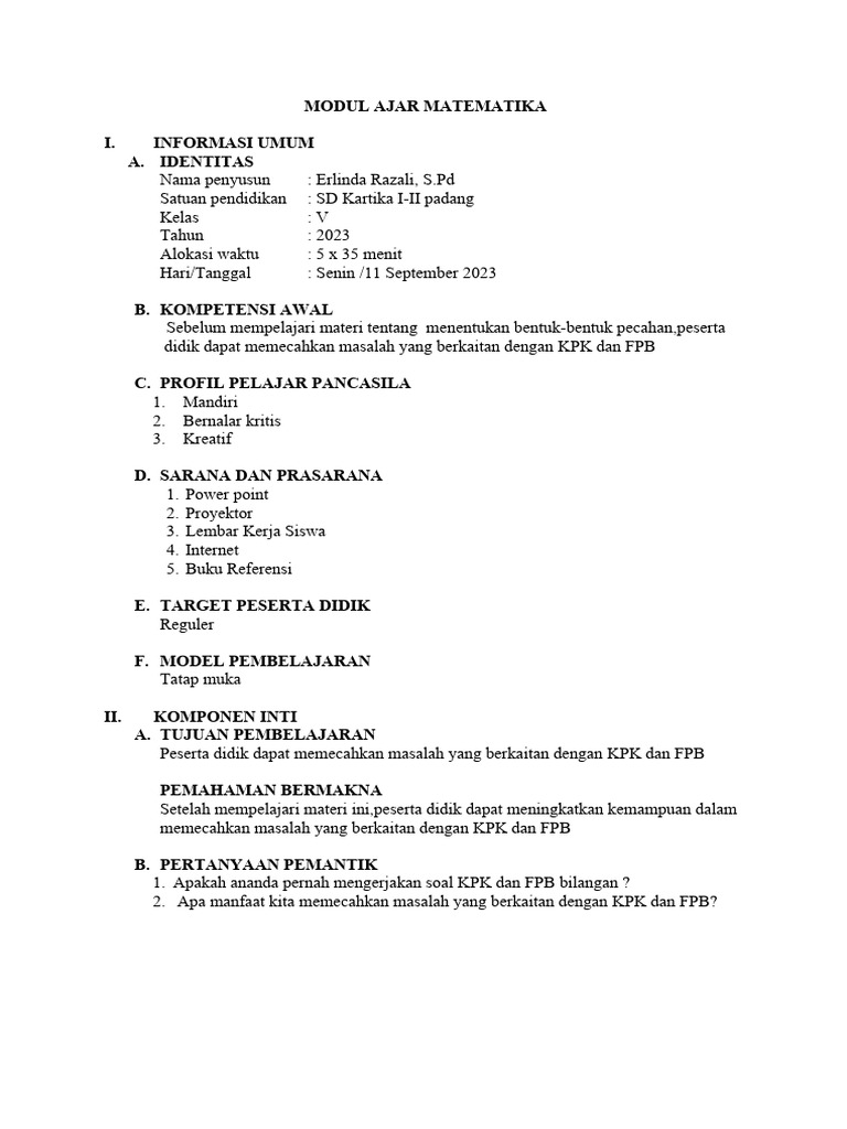 Modul Ajar MTK FPB, KPK | PDF