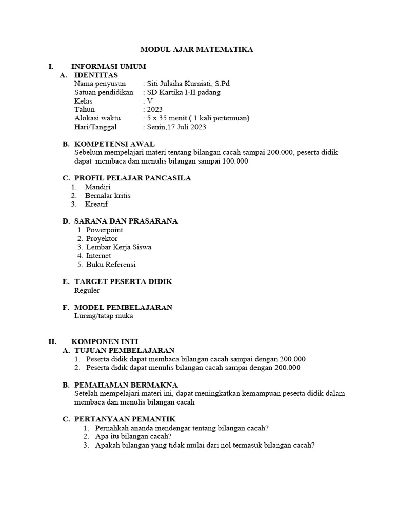 Modul Ajar MTK Membaca | PDF | Karier & Perkembangan | Sains & Matematika