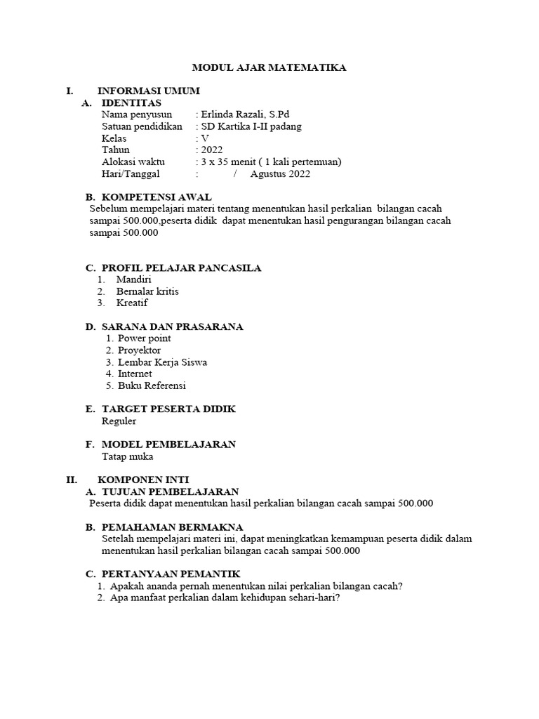 MODUL AJAR MTK Perkalian | PDF