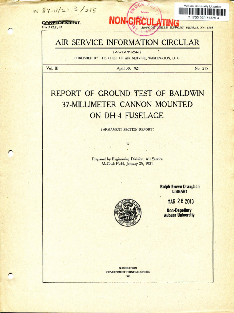 №215. Report of Ground Test of Baldwin 37-millimeter Cannon Mounted on ...