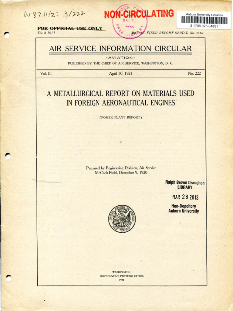Metallurgical Report On Materials Used in Foreign Aeronautical Engines ...