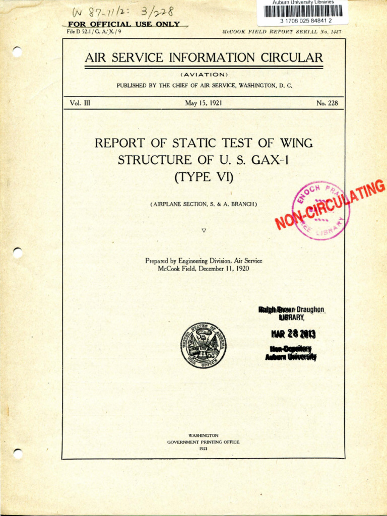Report of Static Test of Wing Structure of U.S. GAX-1 (Type VI) (15 May ...