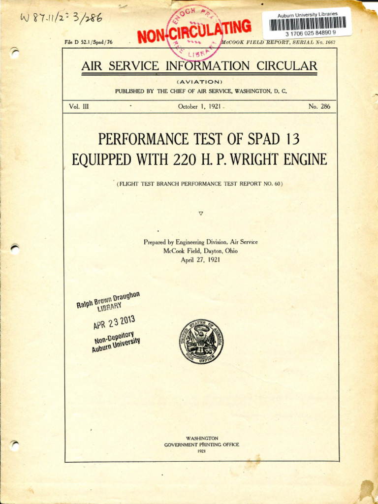 Performance Test of Spad 13 Equipped With 220 H.P. Wright Engine (1 ...