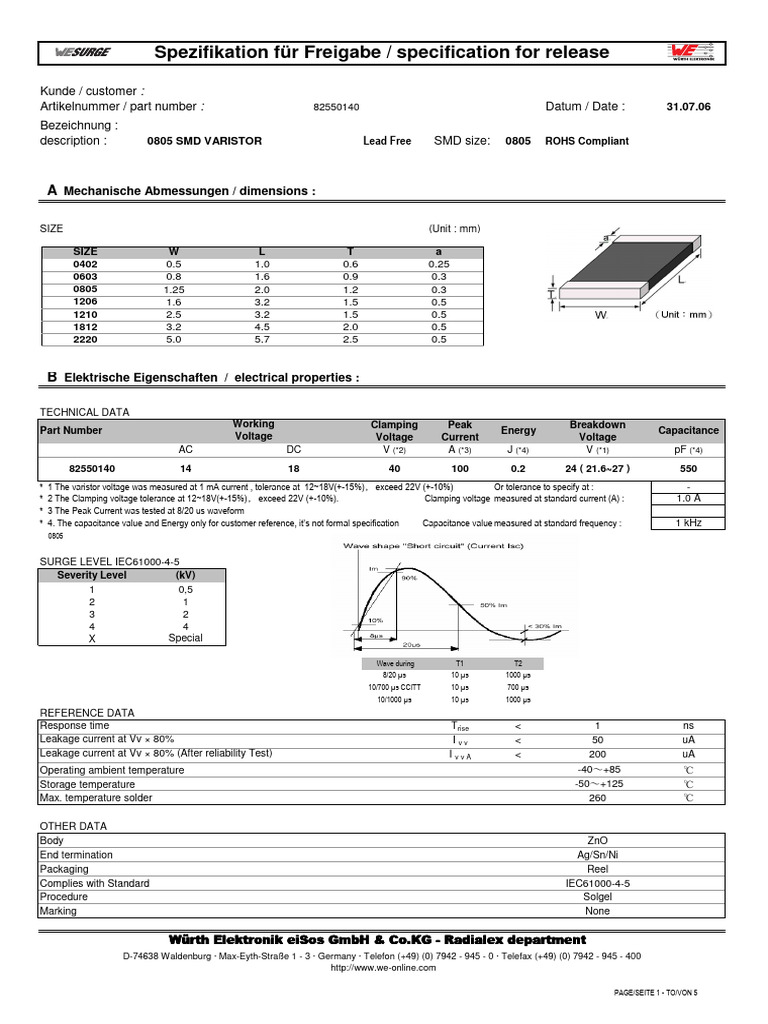 0805 SMD Varistor Specifications | PDF | Voltage | Electrical Components