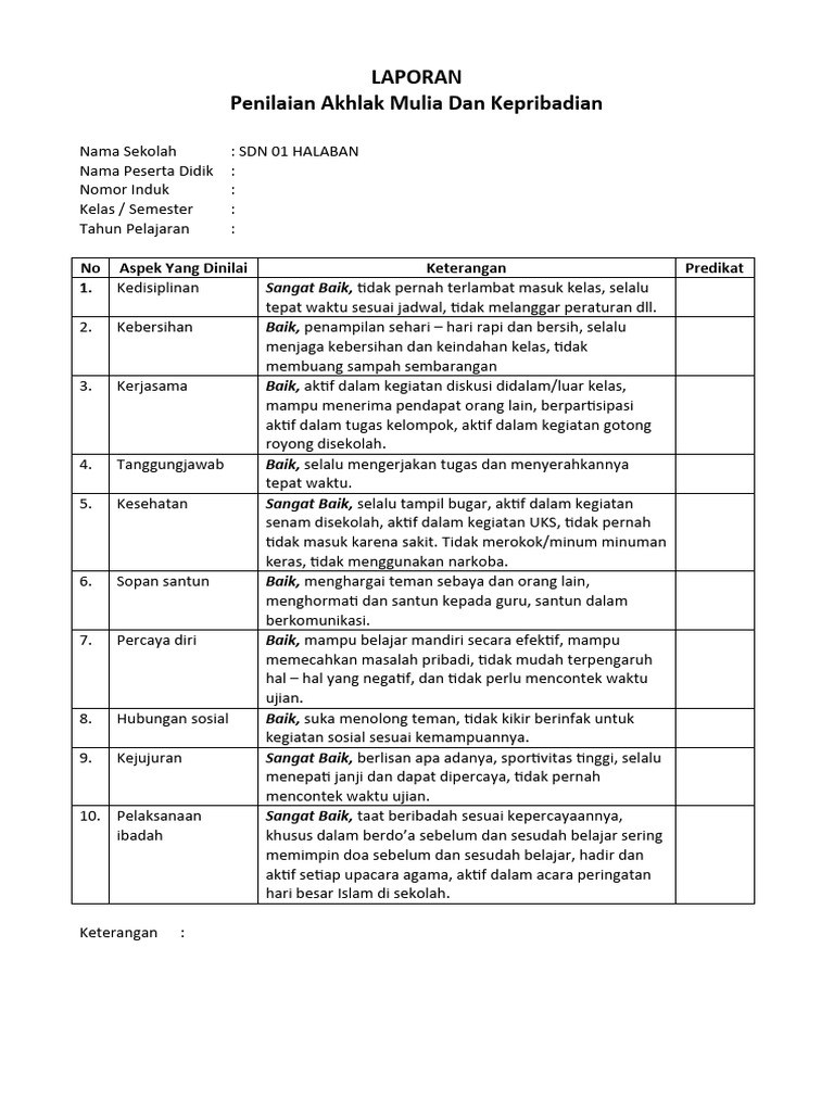 LAPORAN Penilaian Akhlak Mulia | PDF | Karier & Perkembangan | Kesehatan Holistik