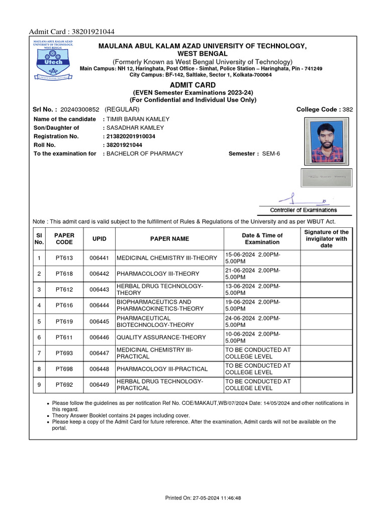 Admitcard | PDF | Pharmacology | Pharmacy