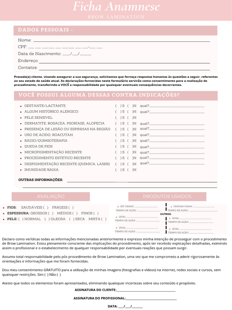 Ficha de Anamnese para Brow Lamination | PDF