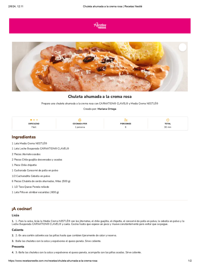 Chuleta Ahumada A La Crema Rosa - Recetas Nestlé | PDF | Salsa | Alimentos