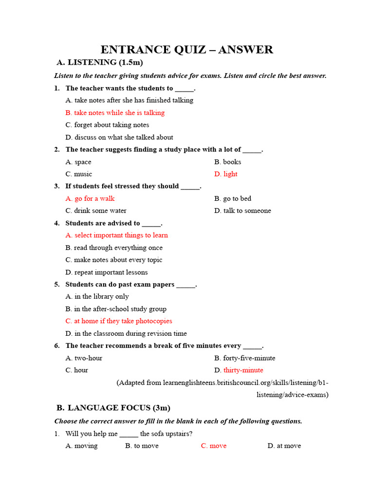 Entrance Quiz - Answer | PDF | Teachers