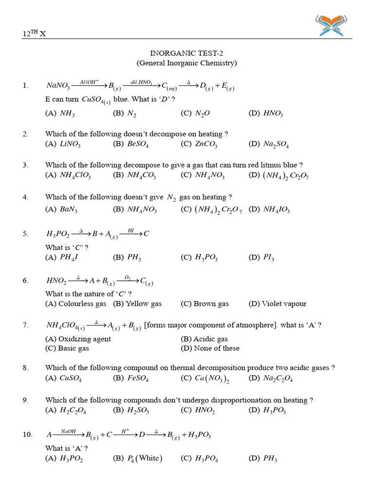 (General Inorganic Chemistry) Test-2 | PDF | Chemistry | Chemical ...