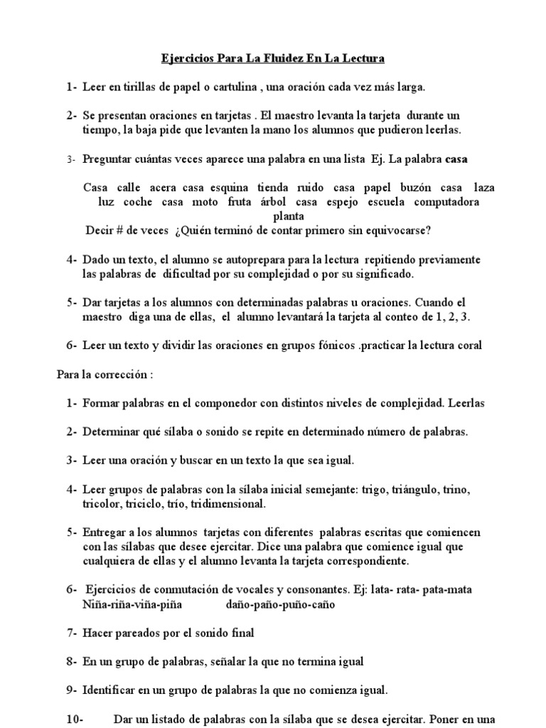 Ejercicios Para La Fluidez en La Lectura | Lectura (proceso) | Sílaba