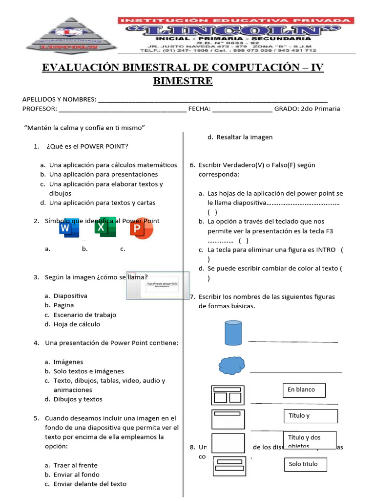 4Examen bimestral COMPUTACIÓN 2DO PRIMARIA | Descargar gratis PDF | Microsoft PowerPoint ...
