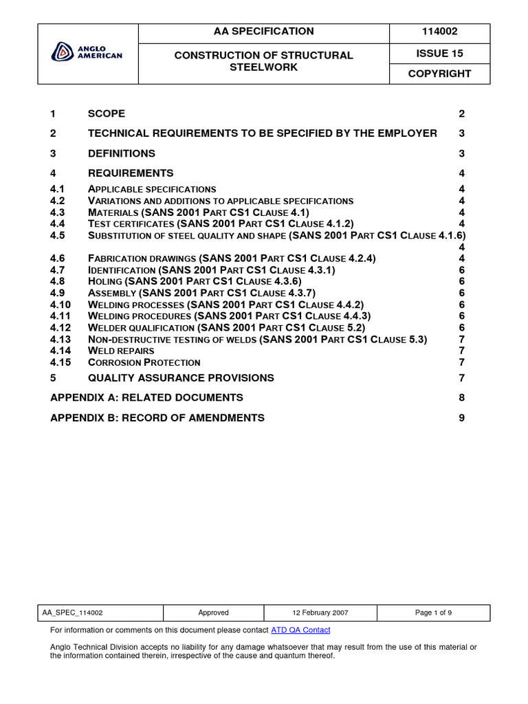 AA SPEC 114002 construction of steel structures | PDF | Welding ...