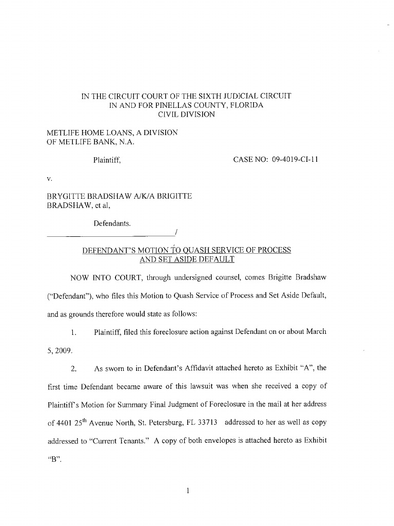 FL Defendant Motion To Quash Service and Set Aside Default | PDF