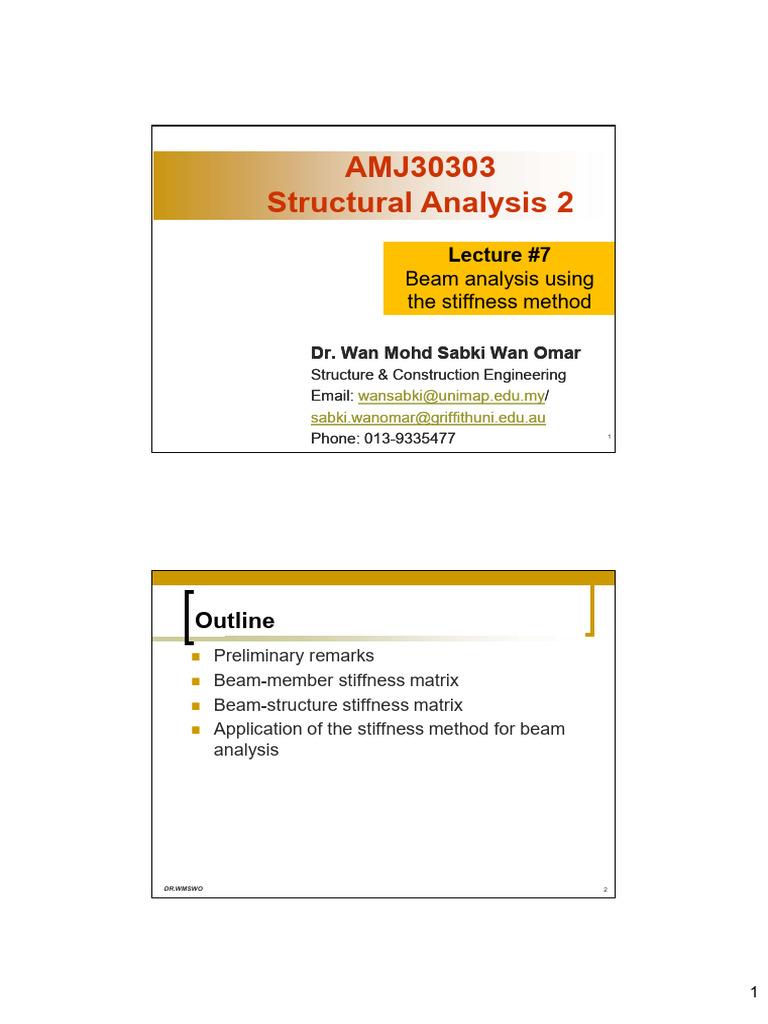 Lect 07 Beam Stiffness Method 1 Dr. Wan Sabki | PDF | Beam (Structure) | Matrix (Mathematics)