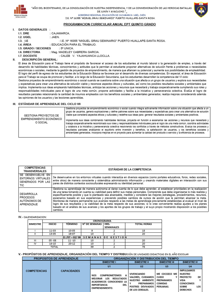 Programación Curricular 5º Grado EPT | PDF | Aprendizaje | Evaluación