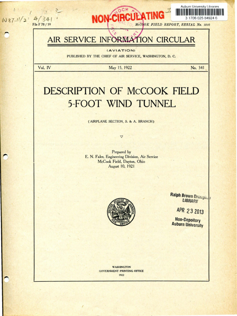 Description of McCook Field 5-Foot Wind Tunnel (15 May 1922) | PDF ...