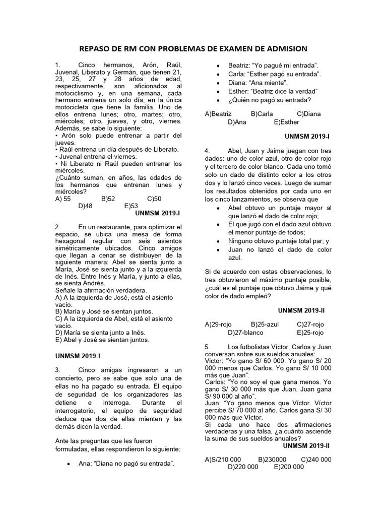 Repaso de RM Con Problemas de Examen de Admision | PDF