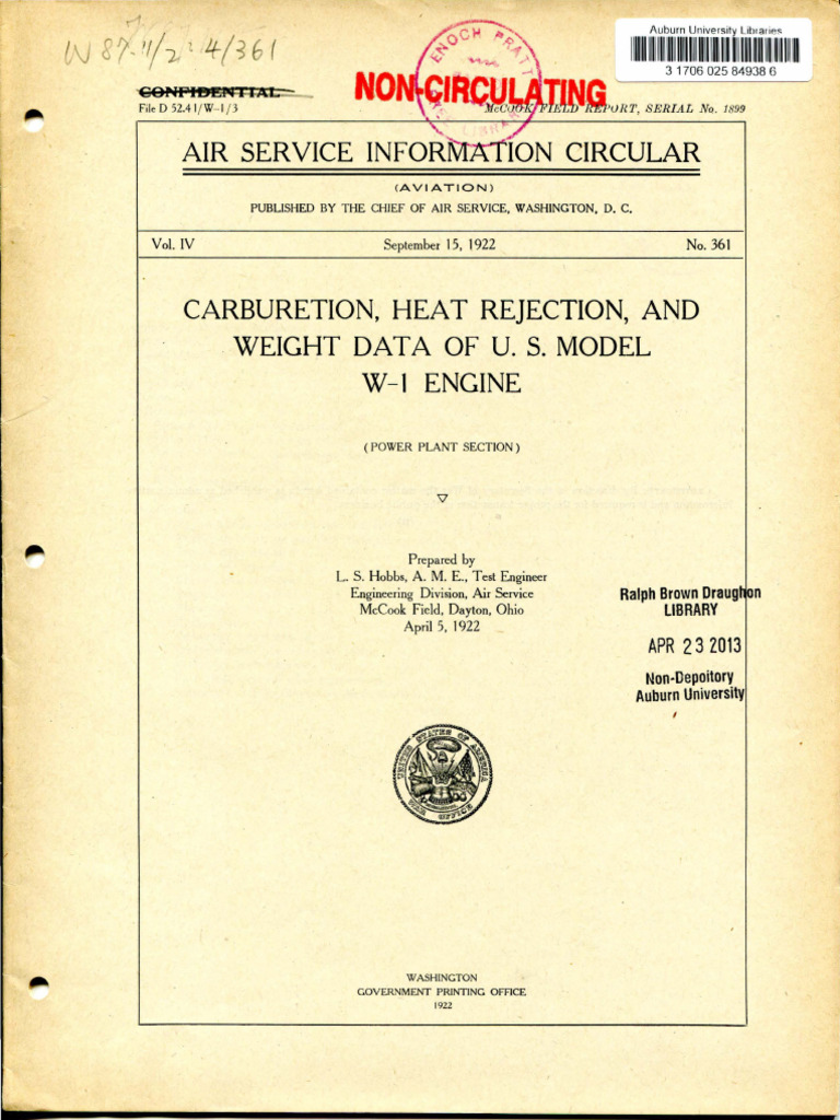 Carburetion, Heat Rejection, and Weight Data of U.S. Model W-1 Engine ...