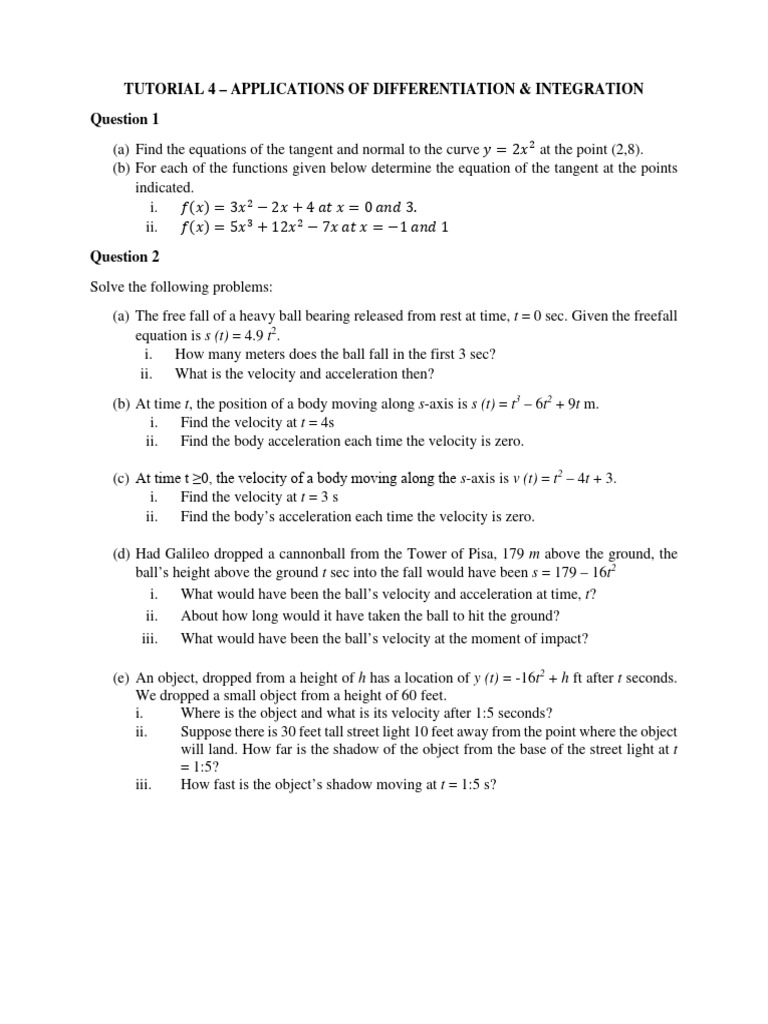Tutorial 6 Application of Integration and Diffrentation | PDF | Acceleration | Velocity