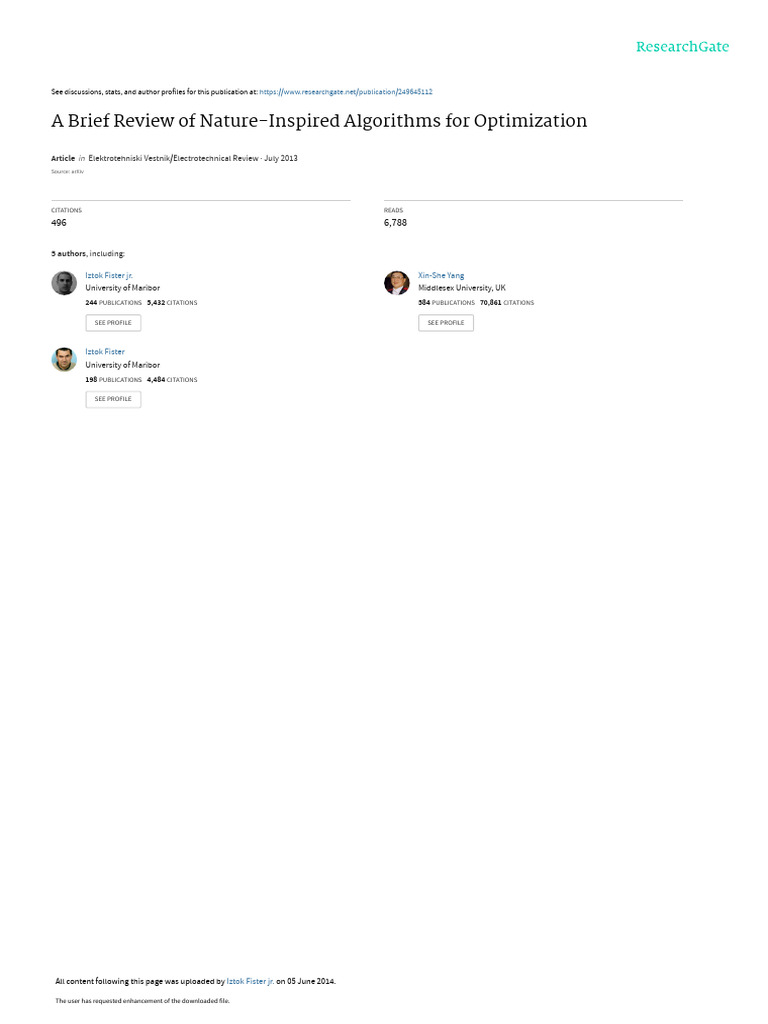 A Brief Review of Nature Inspired Algorithms For Optimization | PDF ...