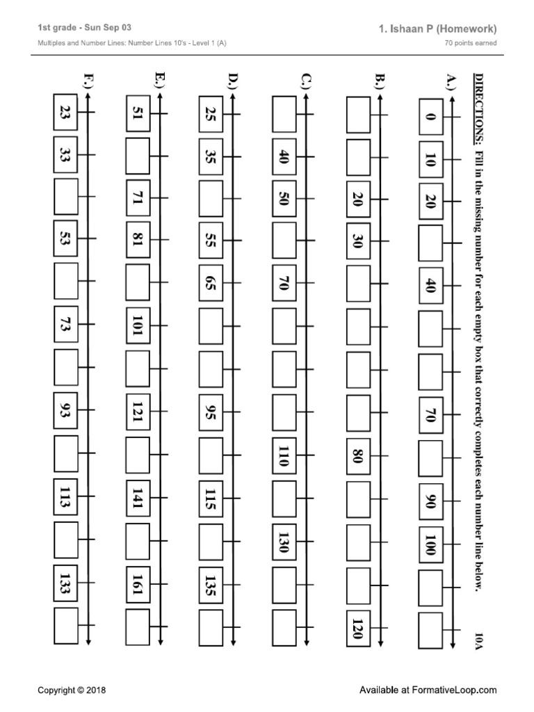 23 - 3 - 7 - Multiples and Number Lines - Number Lines 10's - Level 1 | PDF