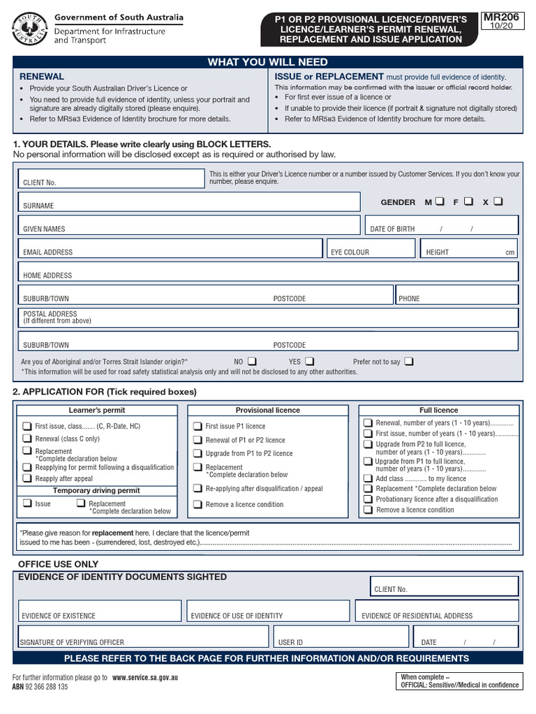 MR206 P1 or P2 Provisional Licence Drivers Licence Learners Permit ...