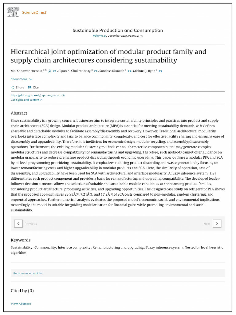 MOD Hierarchical Joint Optimization of Modular Product Family and Supply Chain PDF | PDF