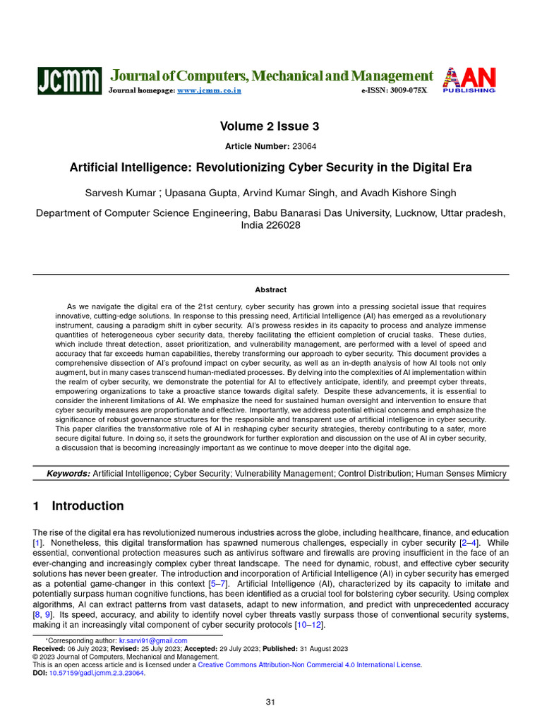 Volume 2 Issue 3: Artificial Intelligence: Revolutionizing Cyber Security in The Digital Era ...