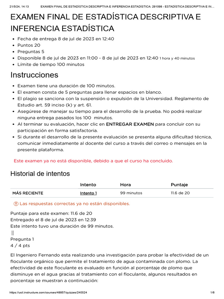 EXAMEN FINAL DE ESTADÍSTICA DESCRIPTIVA E INFERENCIA ESTADÍSTICA_ 291098 - ESTADÍSTICA ...