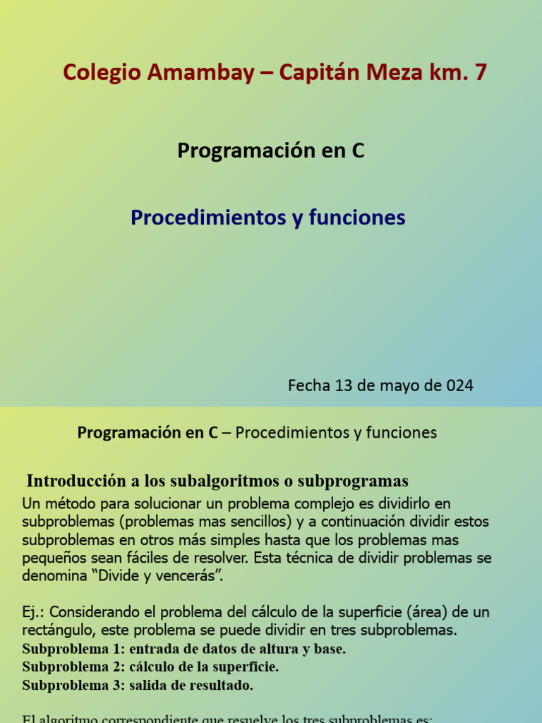 Programación en C: Funciones y Procedimientos | PDF | Programación de computadoras | Matemáticas ...