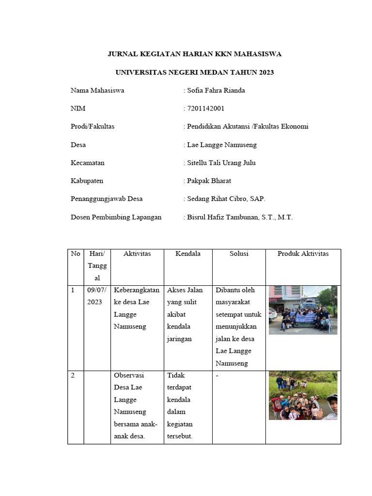 JURNAL KEGIATAN HARIAN KKN MAHASISWA (Sofia) | PDF