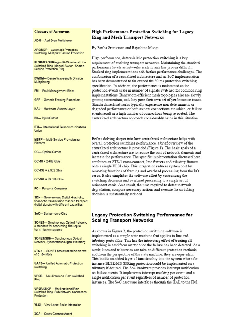 High Performance Protection Switching for Legacy Ring and Mesh Transport Networks | PDF ...